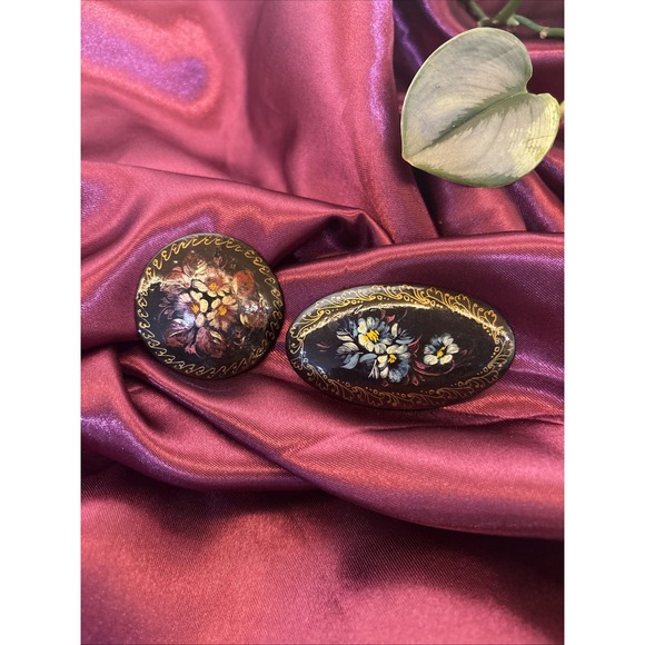 Artisan | Jewelry | Vintage Russian Brooch Lot Of 2 Black Lacquer ...